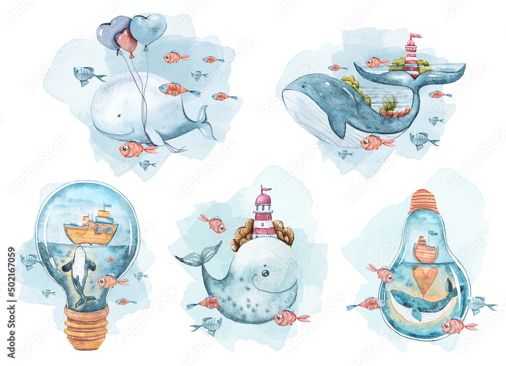 Cute kids watercolor whale clipart set, ocean animal clipart on white ...