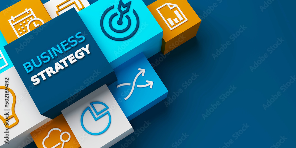3D render of wide perspective view of BUSINESS STRATEGY colorful ...