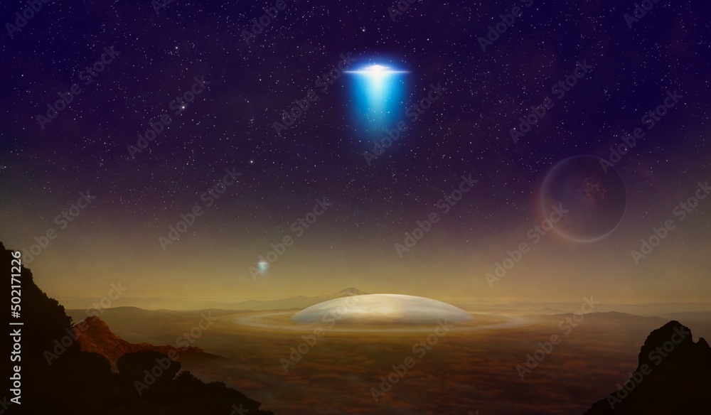 Abstract sci-fi collage with dark planet in space, ufo flies above ...
