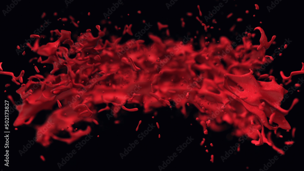 Abstract animation of blood blots. Bloody red liquid in flight on black ...