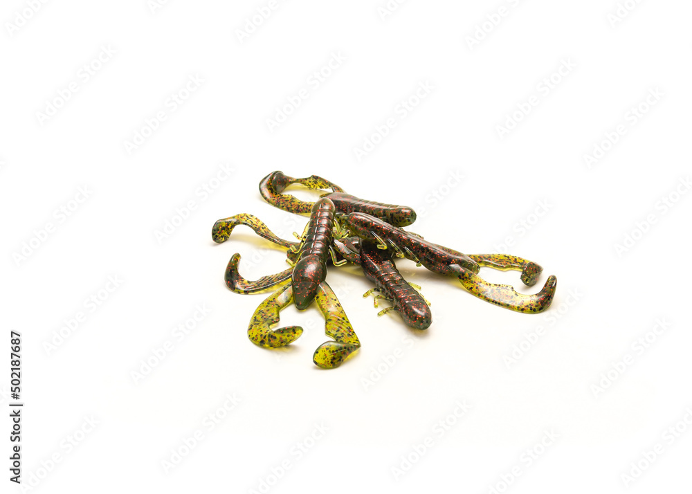 Group of plastic crawfish or crawdad lures in watermelon with red flake ...