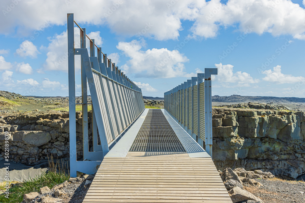 Cross section of a metal bridge in Iceland on the Reykjanes Peninsula ...