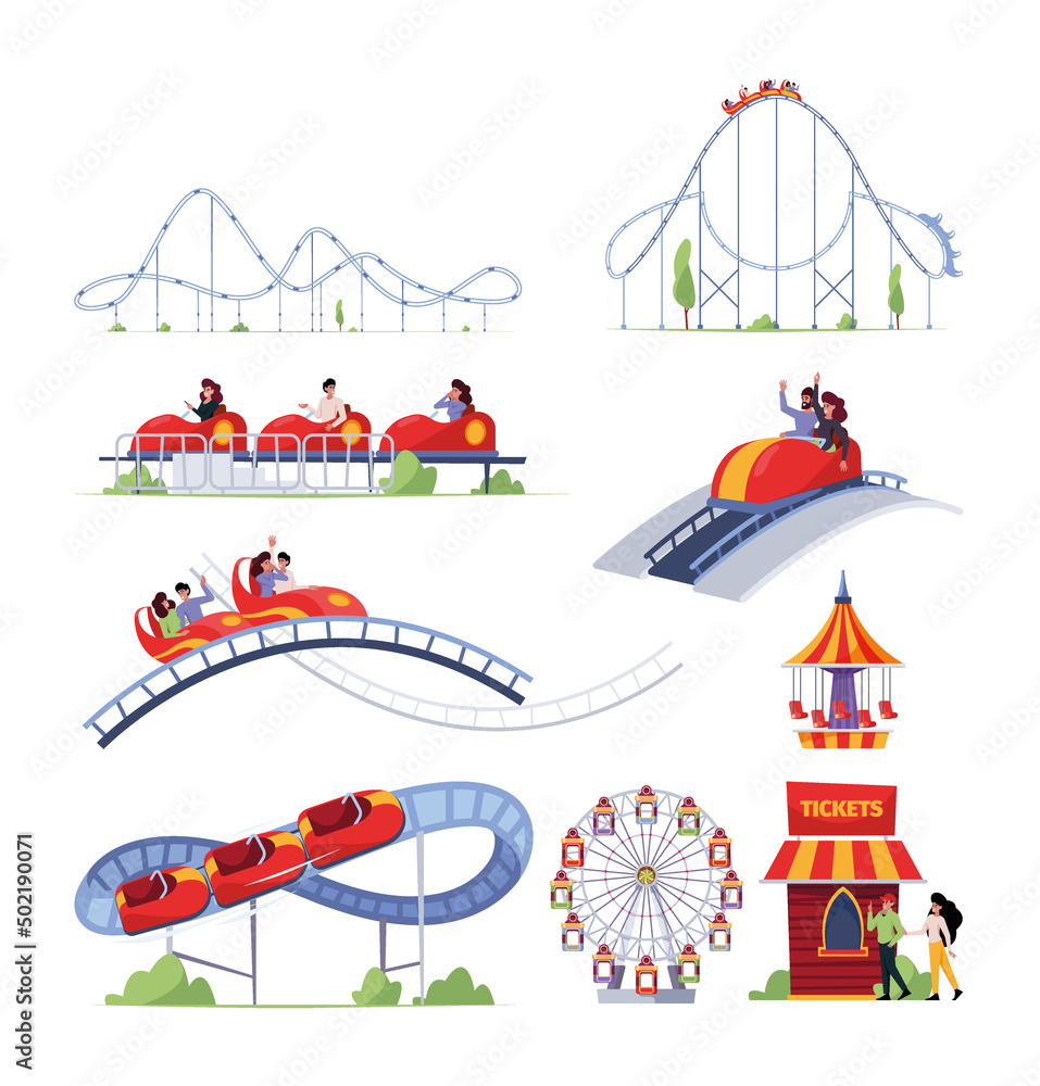 Roller coaster park. Amusement adventure characters have fun in roller ...