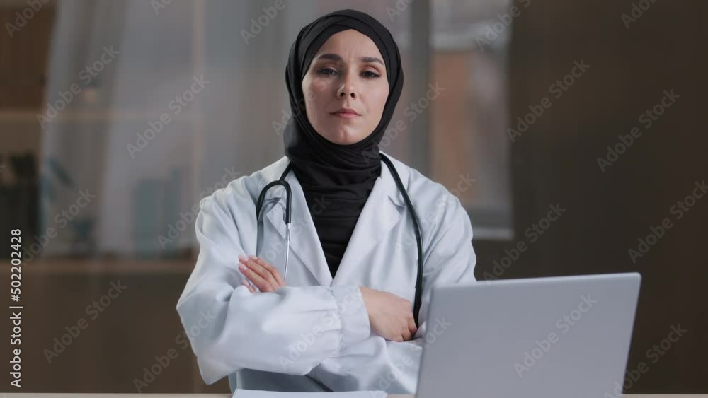 Happy smiling arabian nurse islamic doctor therapist wear white medical ...