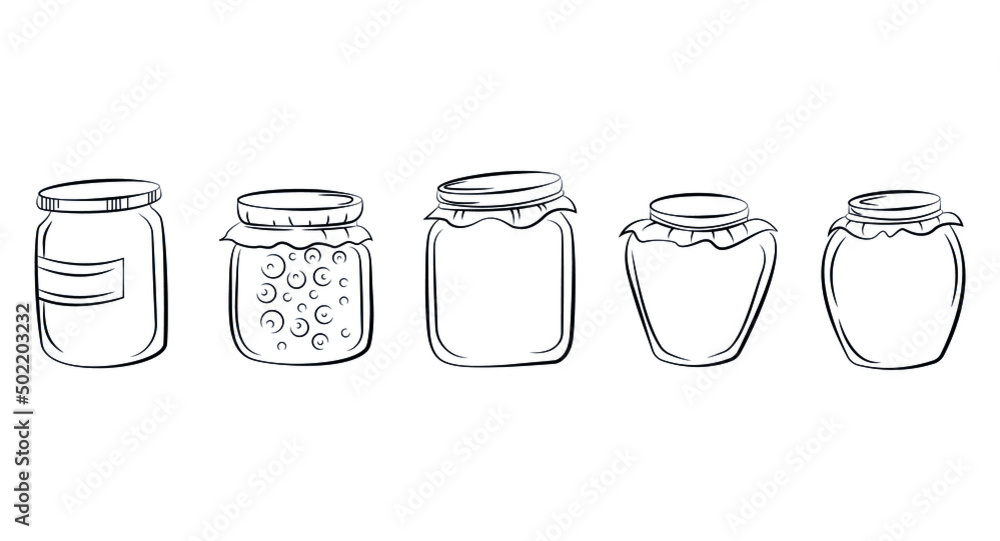 Collection of vector black and white jars with lids. Flat illustration ...