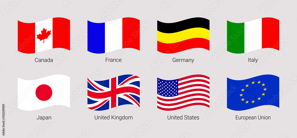 The Group of Seven flags vector illustration. G7 and EU waved flags ...