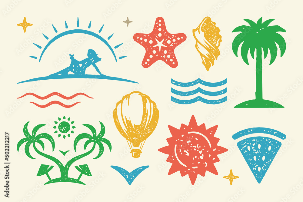Summer symbols and objects set vector illustration. Island with double ...