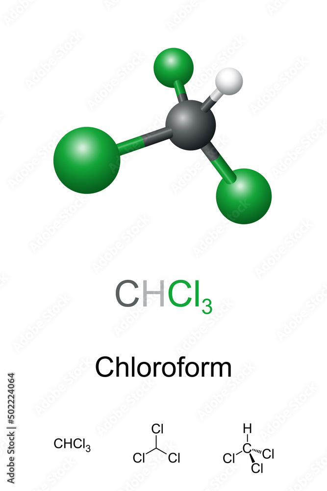Chloroform, trichloromethane, ball-and-stick model, molecular and ...
