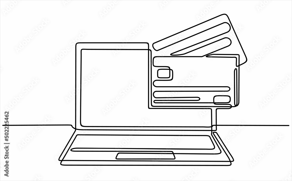 one line drawing of laptop computer with credit cards as business ...