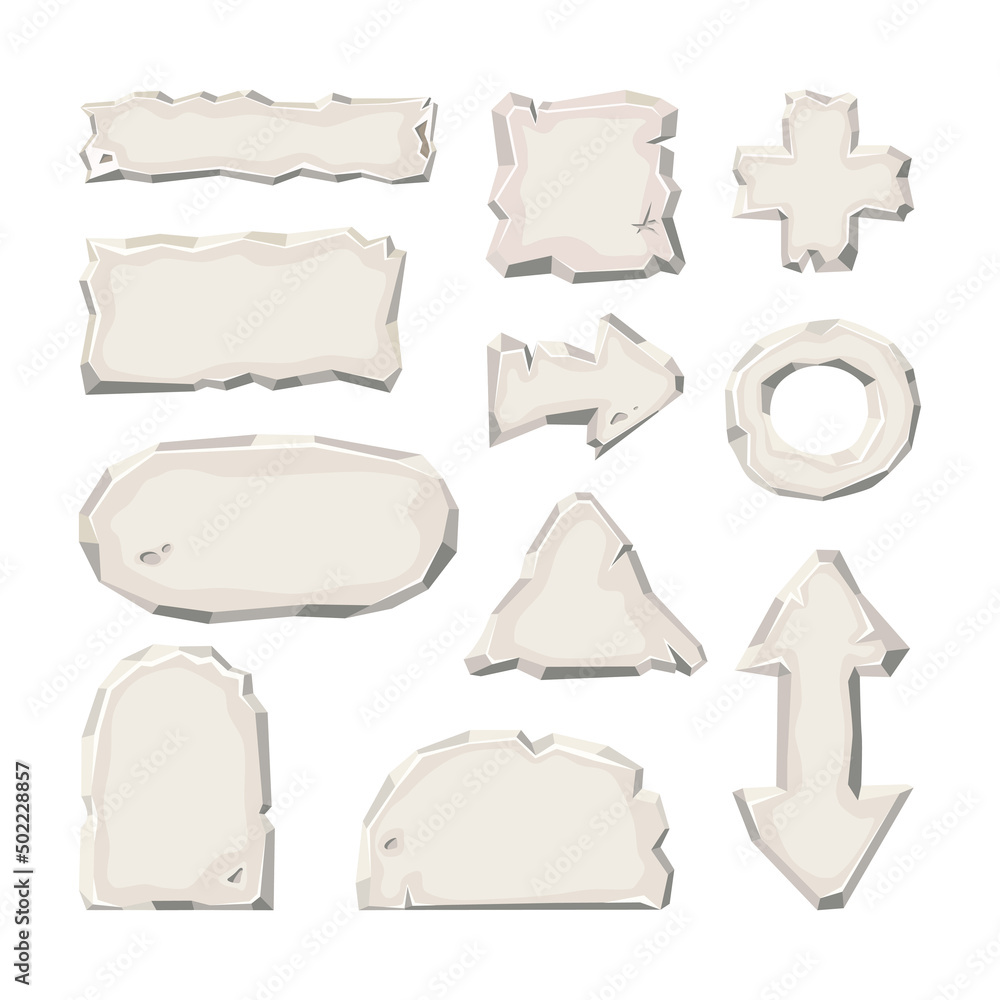 Stone sign board set, UI rock button collection isolated on white ...