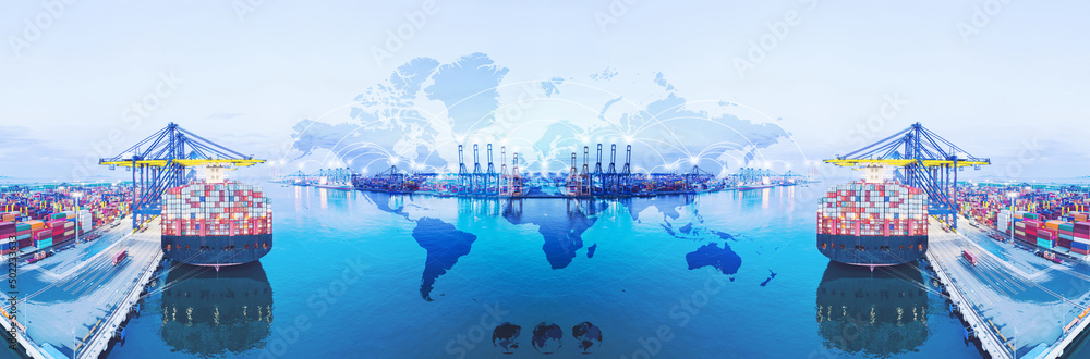 Island for Container ship loading and unloading, World map with Global ...