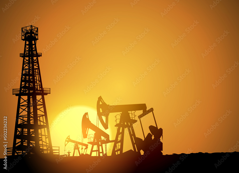 Oil field over sunset. Vector illustration. Gas industry. Dark ...