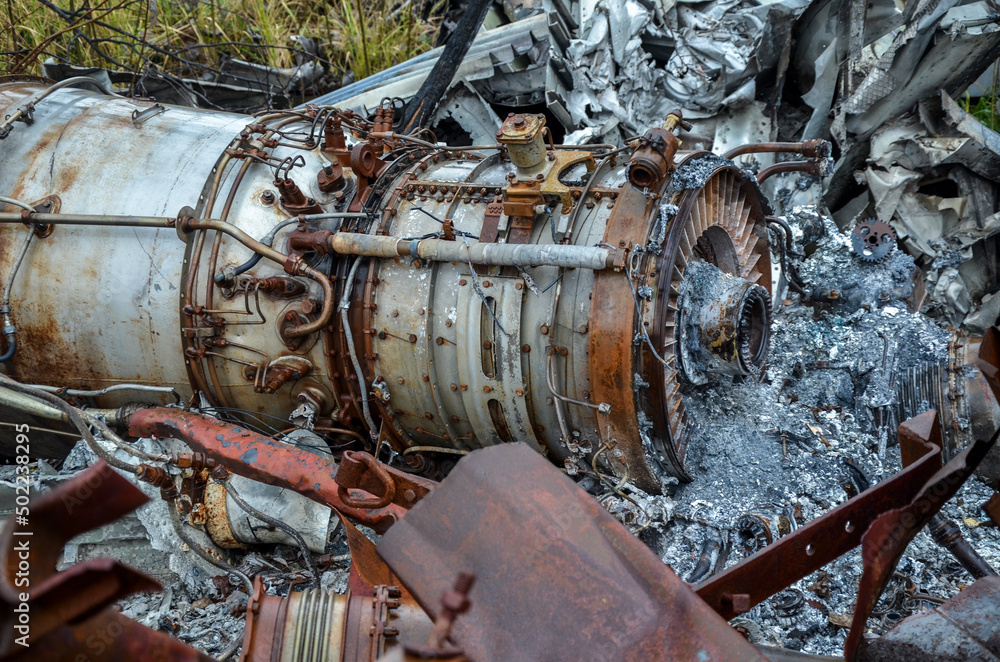 Details of crashed helicopter at a scrap metal recycling junkyard ...