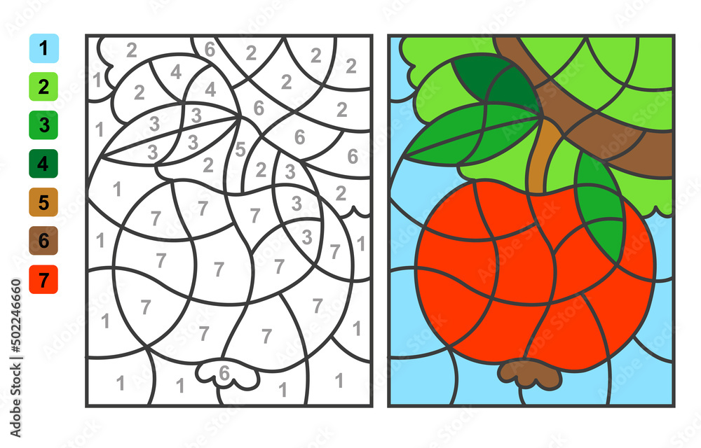 Vector coloring page Color by numbers apple. Puzzle game for children ...
