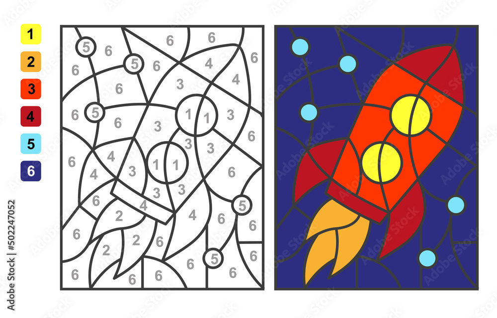 Vector coloring page Color by numbers rocket. Puzzle game for children ...
