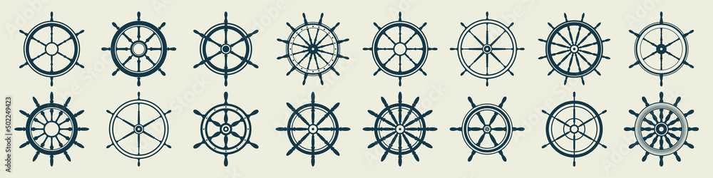 Collection of vintage steering wheels. Ship, yacht retro wheel symbol ...