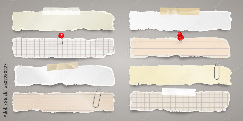Long ripped paper strips with adhesive tape. Realistic crumpled paper ...