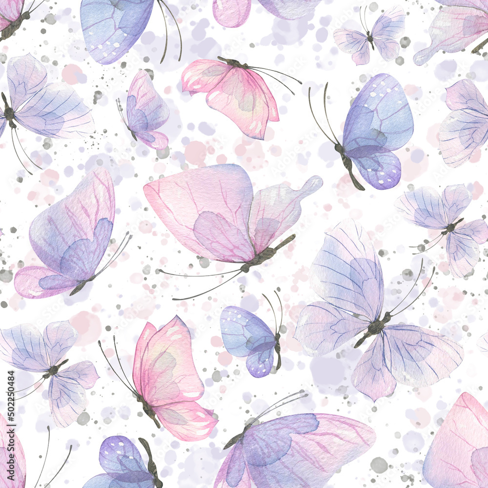 Watercolor illustration of pink and lilac butterflies. Seamless pattern ...