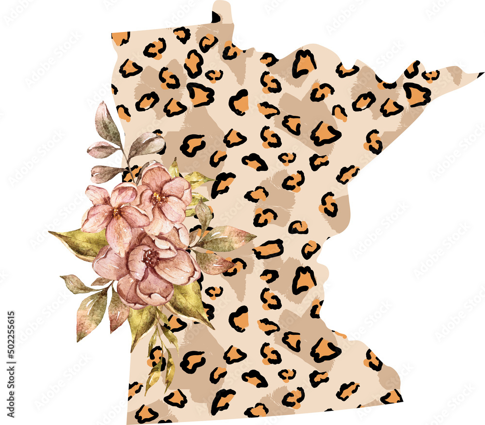 Leopard floral Minnesota state map clipart isolated on white background ...