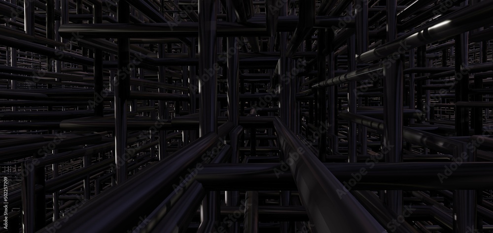 Accumulation of gas and water pipes. Dark industrial 3d render of ...