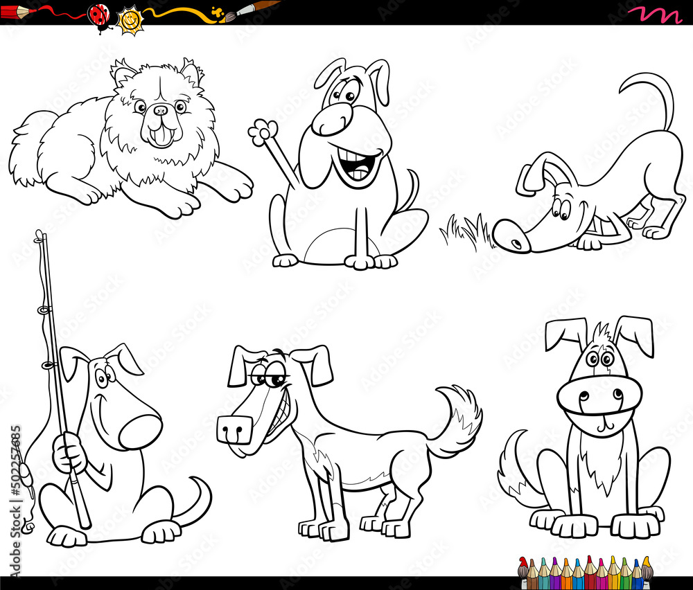 cartoon dogs animal characters set coloring book page Stock Vector ...