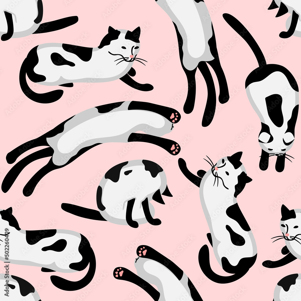 Seamless repeat pattern with black white cats in different poses on ...