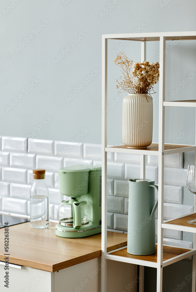 Vertical background image of minimal kitchen interior with open shelf ...