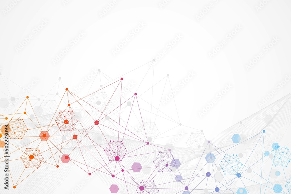 Science network pattern, connecting lines and dots. Technology hexagons ...