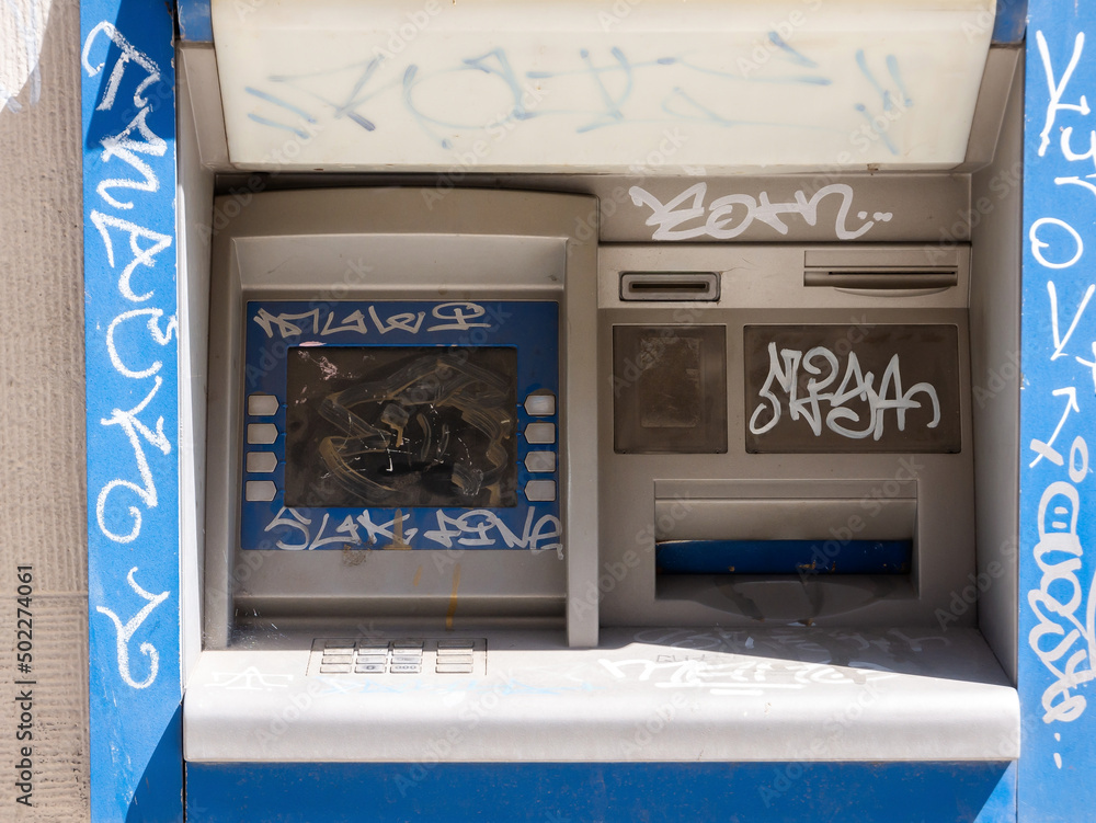 Old damaged destroyed vandalised outdoor ATM, vandalized cash machine ...