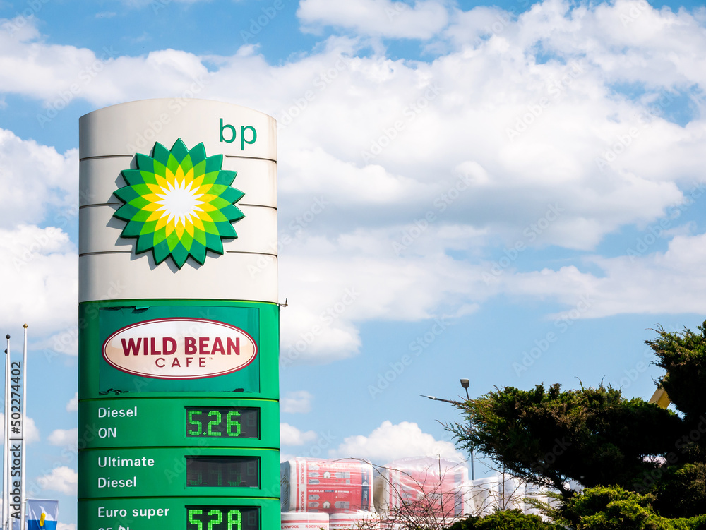 BP plc British oil and gas company signage, brand logo, gas station ...