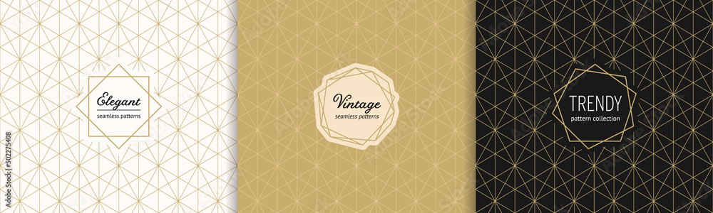 Vector gold minimalist seamless patterns set with modern labels ...
