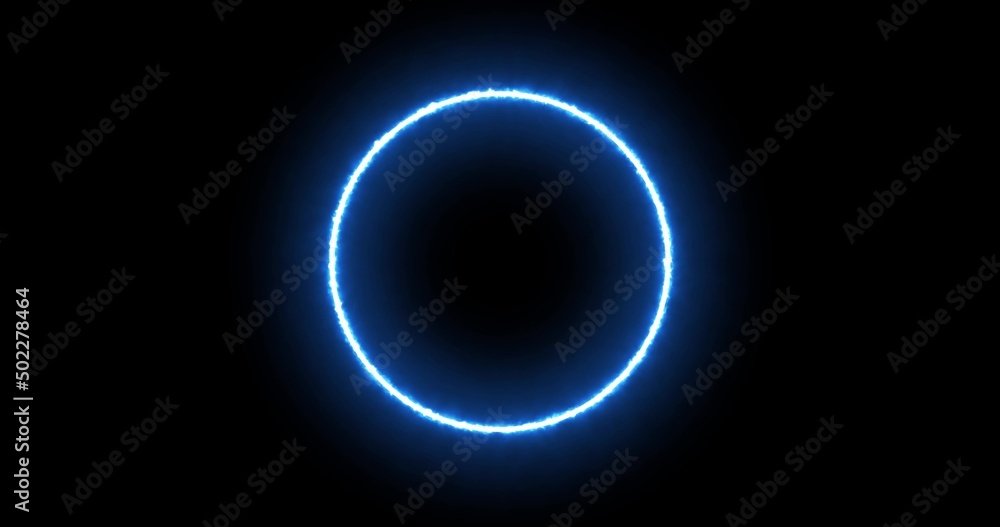 blue neon ring of lightning, energy on a black background. 3d image ...