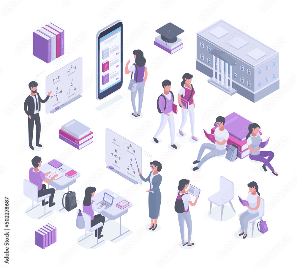 Isometric teacher, students characters, library and study room. College ...