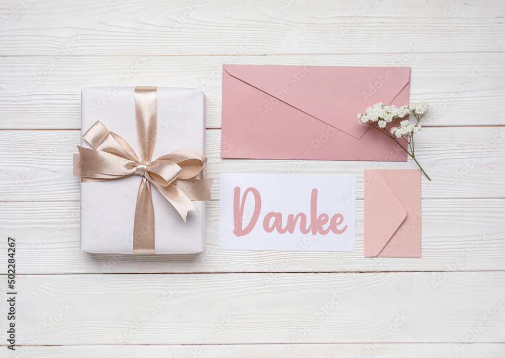 Gift, card with word DANKE (German for Thanks), envelopes and beautiful ...