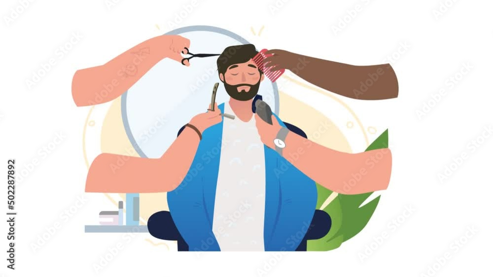 Hairdresser and barber video concept. Young moving man sitting on chair ...