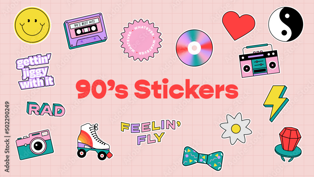 90s Trendy Retro Vector Stickers, Groovy Fun Icons, Editable Stroke and ...