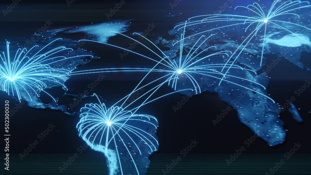 Tech earth globalization in 3d animation. Global Business dots on ...