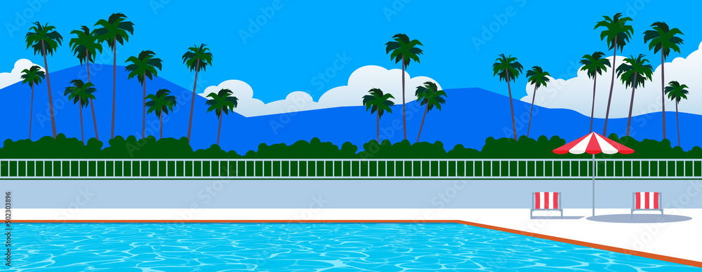 swimming pool tropical resort loungers and umbrella summer vacation ...