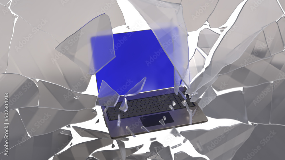 Laptop with blue screen smashed through glass. A broken notebook ...