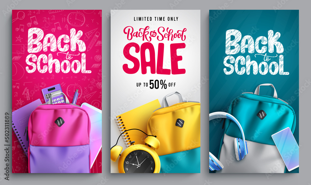 Back to school vector poster set design. Back to school text with sale ...
