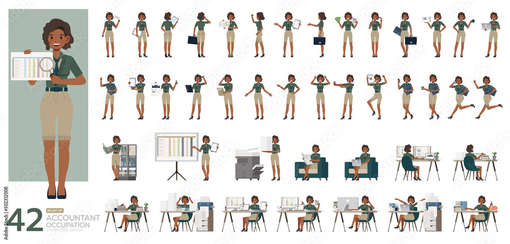 Big Set of Accountant woman wear green color suit character vector ...