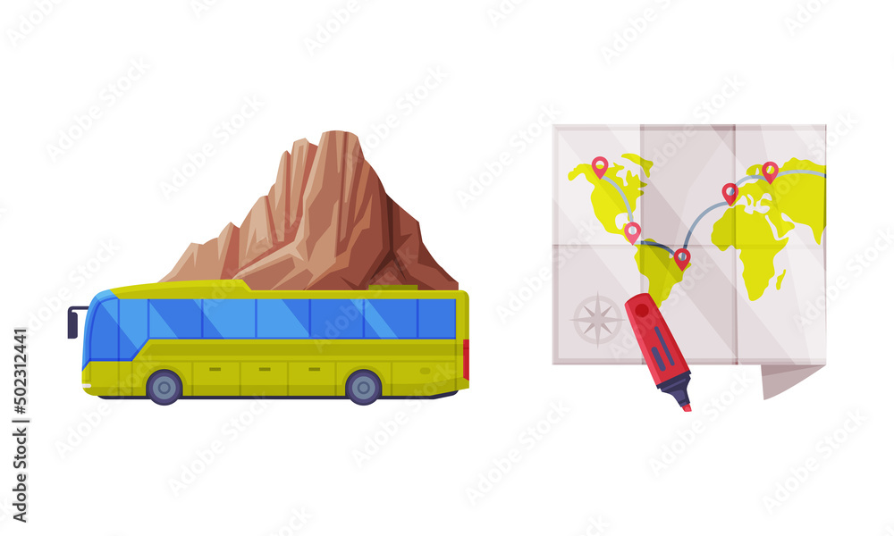 Map and Long Bus with Mountain as Travel and Tourism Vector Set Stock ...