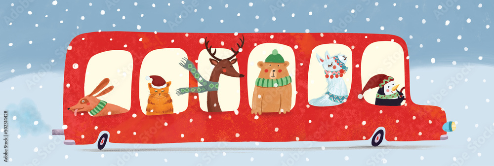 Holiday Bus. Whimsical colorful christmas new year illustration of a ...