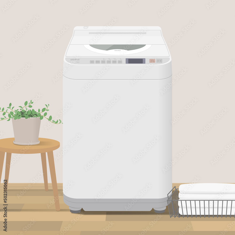 Vector illustration of top loader washing machine in home laundry room ...