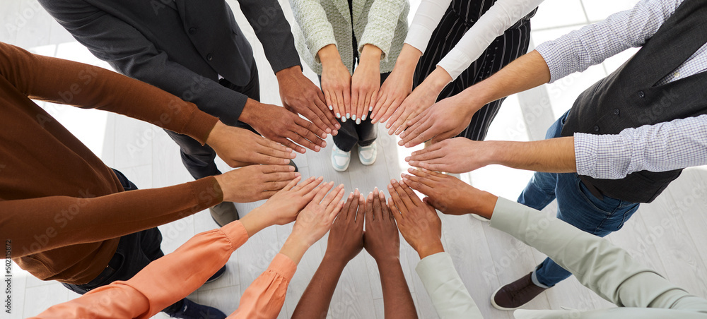 Narrow banner of diverse multiracial people join hands in circle ...