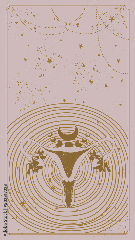 Mystical boho poster, sacred golden uterus on a background with stars ...