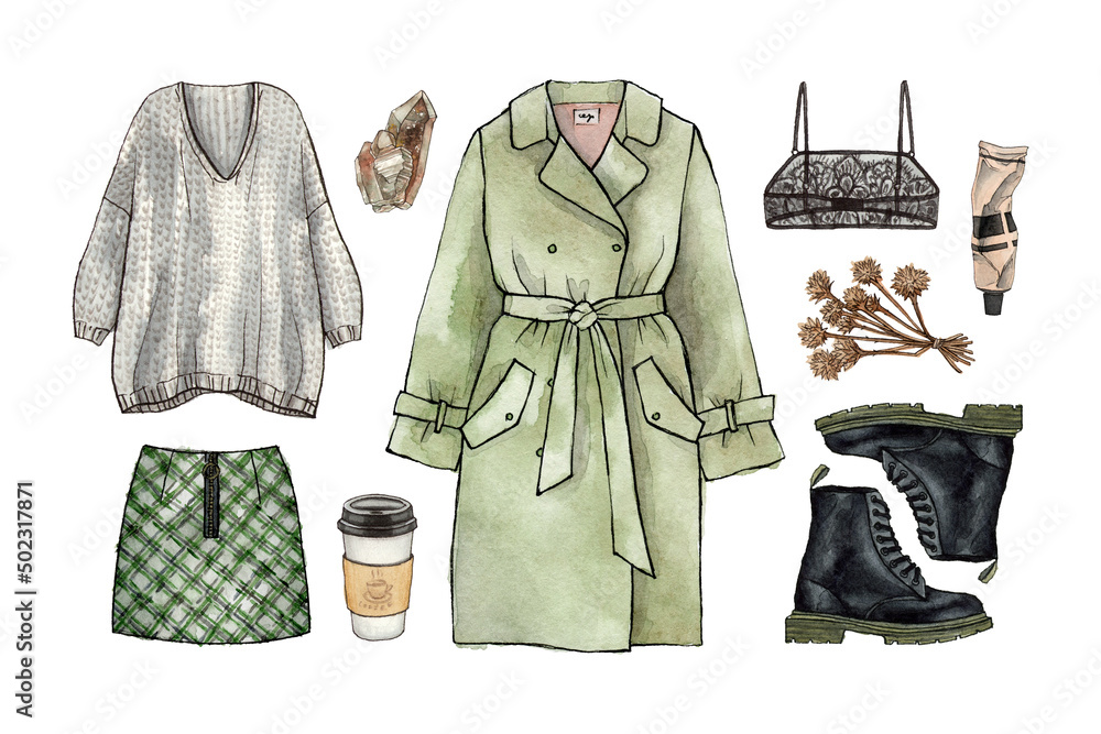 watercolor hand drawing sketch fashion outfit, a set of clothes and ...