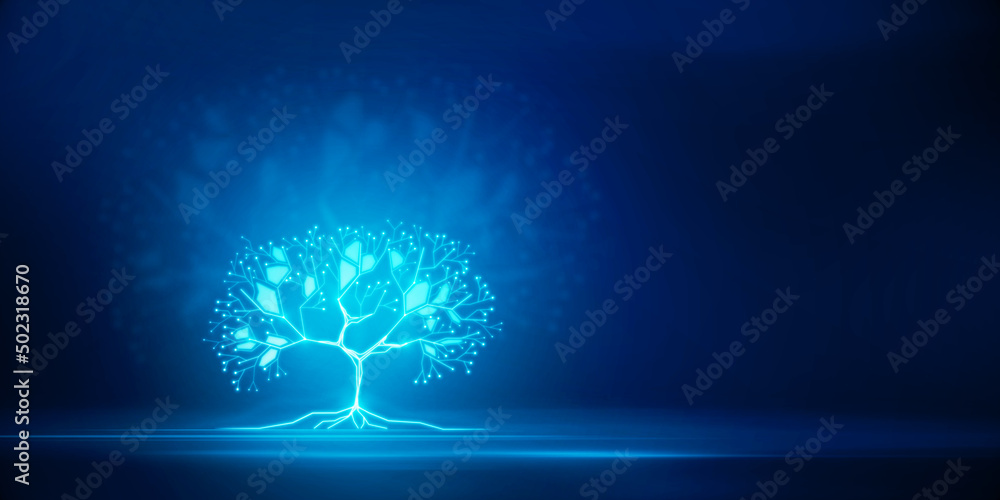 Glowing digital polygonal tree on wide blue background with mock up ...