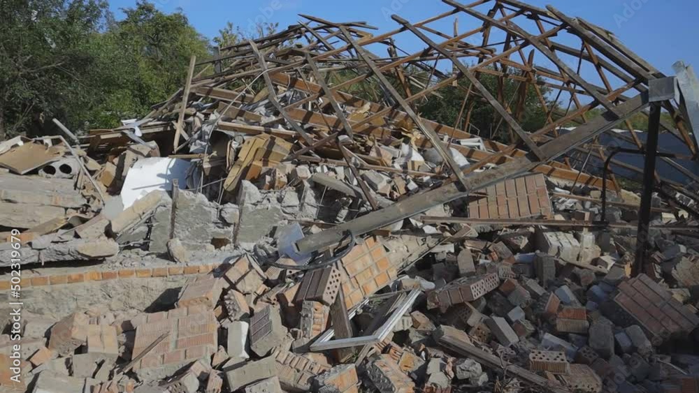 Destroyed residential private house due to explosion. The collapse of a ...