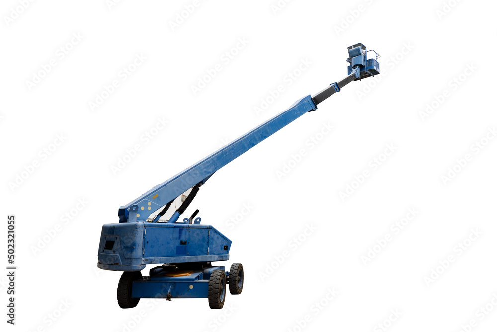 workers are driving an blue articulated boom lift or hoisting a ...